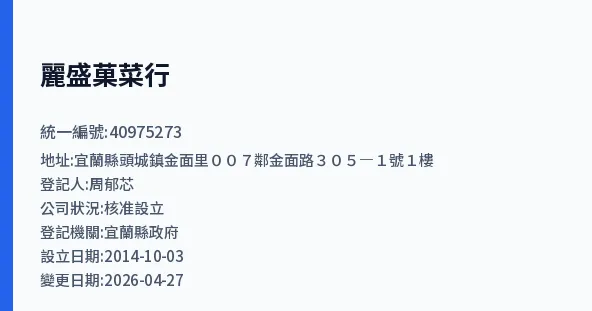麗盛菓菜行的照片-統編 40975273(宜蘭縣) 公司登記資料與營業項目詳細圖表