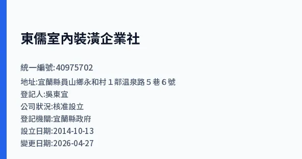 東儒室內裝潢企業社的照片-統編 40975702(宜蘭縣) 公司登記資料與營業項目詳細圖表