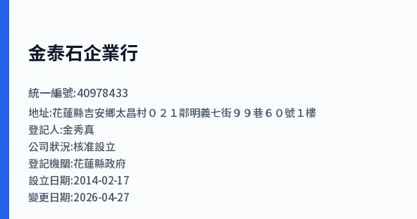金泰石企業行的照片-統編 40978433(花蓮縣) 公司登記資料與營業項目詳細圖表