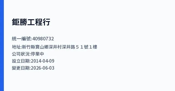 鉅勝工程行的照片-統編 40980732(新竹縣) 公司登記資料與營業項目詳細圖表