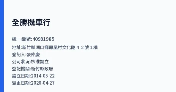 全勝機車行的照片-統編 40981985(新竹縣) 公司登記資料與營業項目詳細圖表