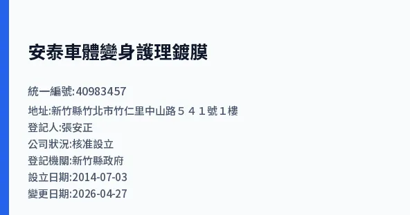 安泰車體變身護理鍍膜的照片-統編 40983457(新竹縣) 公司登記資料與營業項目詳細圖表
