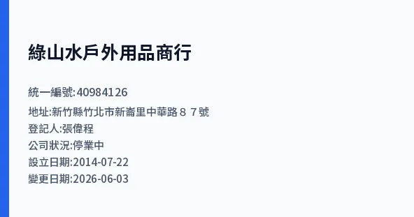 綠山水戶外用品商行的照片-統編 40984126(新竹縣) 公司登記資料與營業項目詳細圖表
