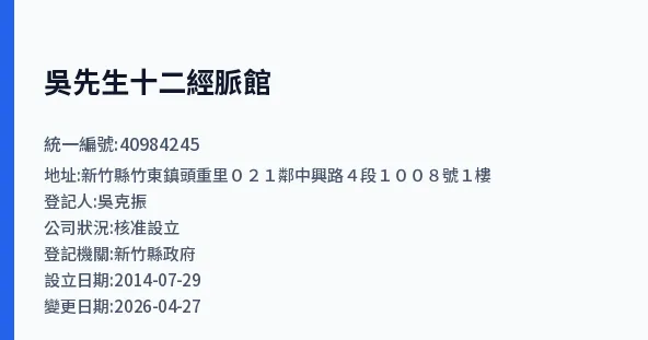 吳先生十二經脈館的照片-統編 40984245(新竹縣) 公司登記資料與營業項目詳細圖表