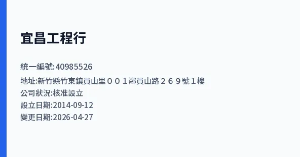 宜昌工程行的照片-統編 40985526(新竹縣) 公司登記資料與營業項目詳細圖表