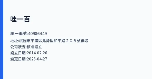 哇一百的照片-統編 40986449(桃園市) 公司登記資料與營業項目詳細圖表