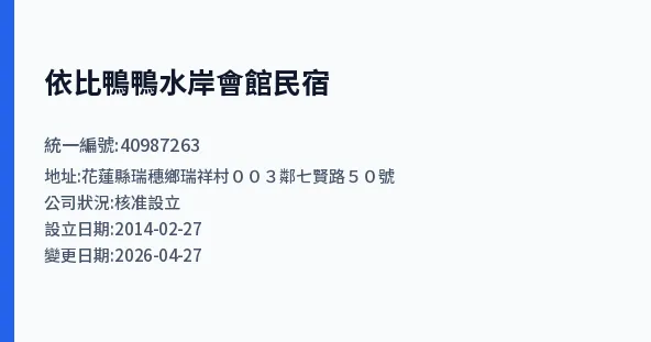 依比鴨鴨水岸會館民宿的照片-統編 40987263(花蓮縣) 公司登記資料與營業項目詳細圖表