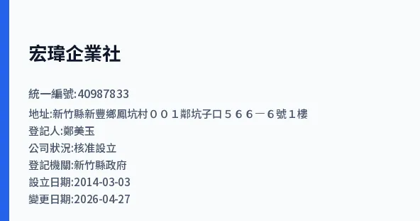 宏瑋企業社的照片-統編 40987833(新竹縣) 公司登記資料與營業項目詳細圖表