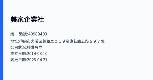 美家企業社的照片-統編 40989403(桃園市) 公司登記資料與營業項目詳細圖表