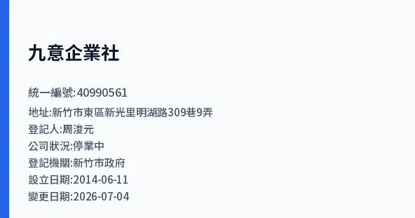 九意企業社的照片-統編 40990561(新竹市) 公司登記資料與營業項目詳細圖表