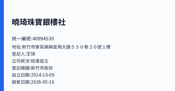 曉琦珠寶銀樓社的照片-統編 40994530(新竹市) 公司登記資料與營業項目詳細圖表