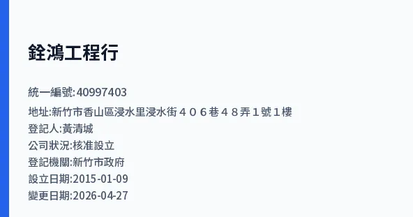銓鴻工程行的照片-統編 40997403(新竹市) 公司登記資料與營業項目詳細圖表