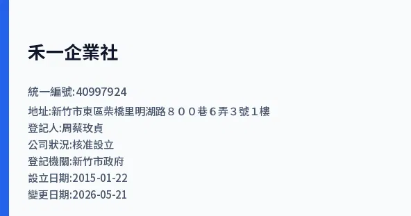 禾一企業社的照片-統編 40997924(新竹市) 公司登記資料與營業項目詳細圖表