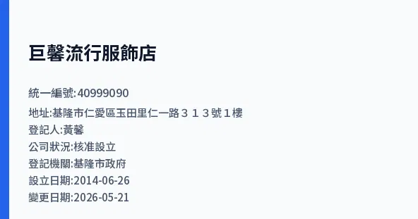 巨馨流行服飾店的照片-統編 40999090(基隆市) 公司登記資料與營業項目詳細圖表