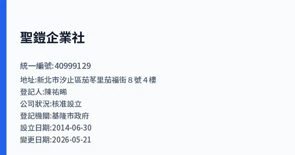 聖鎧企業社的照片-統編 40999129(新北市) 公司登記資料與營業項目詳細圖表