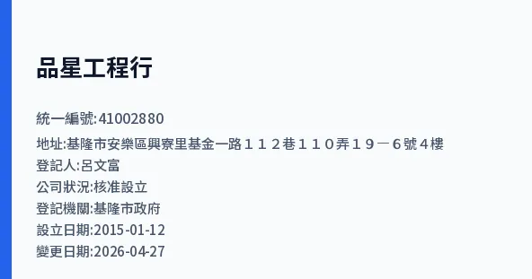 品星工程行的照片-統編 41002880(基隆市) 公司登記資料與營業項目詳細圖表