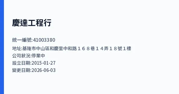 慶達工程行的照片-統編 41003380(基隆市) 公司登記資料與營業項目詳細圖表