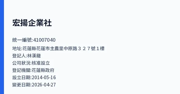 宏揚企業社的照片-統編 41007040(花蓮縣) 公司登記資料與營業項目詳細圖表
