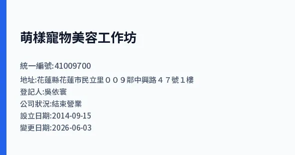 萌樣寵物美容工作坊的照片-統編 41009700(花蓮縣) 公司登記資料與營業項目詳細圖表