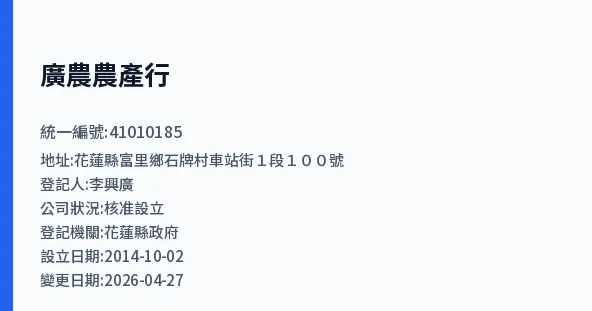 廣農農產行的照片-統編 41010185(花蓮縣) 公司登記資料與營業項目詳細圖表