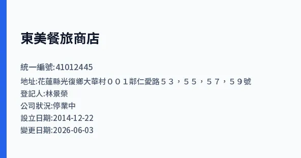 東美餐旅商店的照片-統編 41012445(花蓮縣) 公司登記資料與營業項目詳細圖表