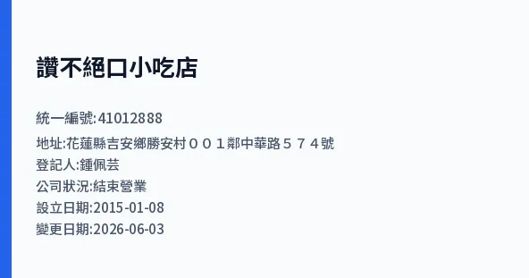 讚不絕口小吃店的照片-統編 41012888(花蓮縣) 公司登記資料與營業項目詳細圖表