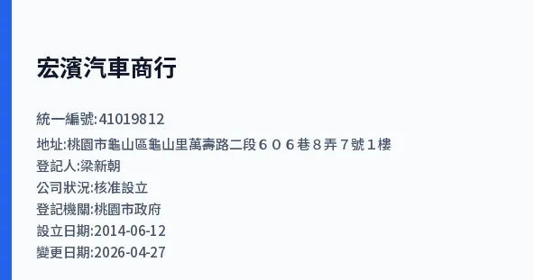 宏濱汽車商行的照片-統編 41019812(桃園市) 公司登記資料與營業項目詳細圖表