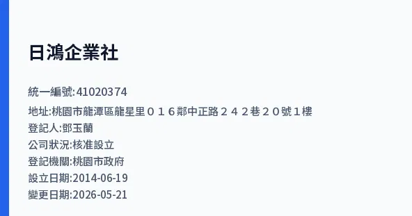 日鴻企業社的照片-統編 41020374(桃園市) 公司登記資料與營業項目詳細圖表