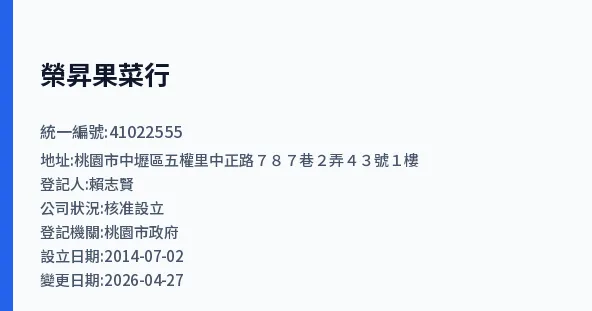 榮昇果菜行的照片-統編 41022555(桃園市) 公司登記資料與營業項目詳細圖表