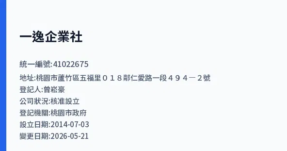 一逸企業社的照片-統編 41022675(桃園市) 公司登記資料與營業項目詳細圖表