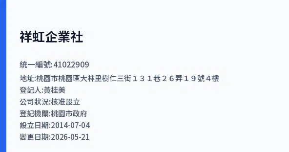 祥虹企業社的照片-統編 41022909(桃園市) 公司登記資料與營業項目詳細圖表
