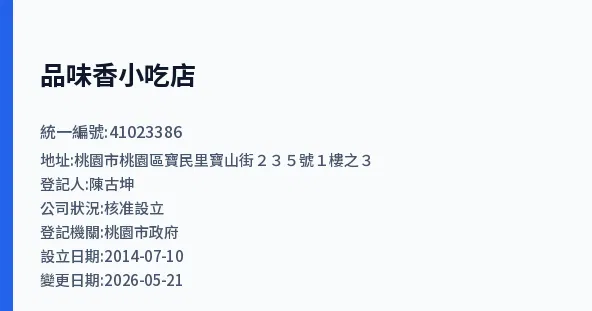 品味香小吃店的照片-統編 41023386(桃園市) 公司登記資料與營業項目詳細圖表
