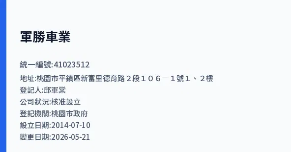軍勝車業的照片-統編 41023512(桃園市) 公司登記資料與營業項目詳細圖表