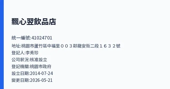 飄心翌飲品店的照片-統編 41024701(桃園市) 公司登記資料與營業項目詳細圖表