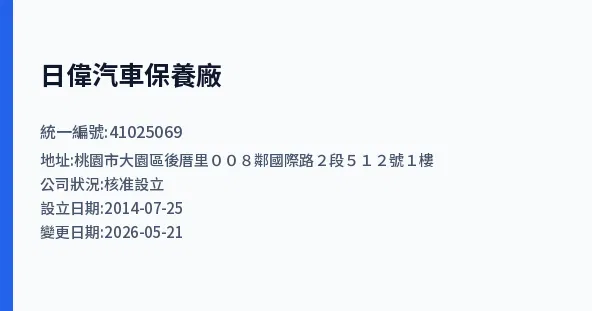 日偉汽車保養廠的照片-統編 41025069(桃園市) 公司登記資料與營業項目詳細圖表