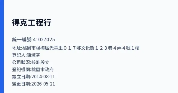 得克工程行的照片-統編 41027025(桃園市) 公司登記資料與營業項目詳細圖表
