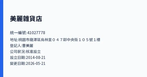 美麗雜貨店的照片-統編 41027778(桃園市) 公司登記資料與營業項目詳細圖表