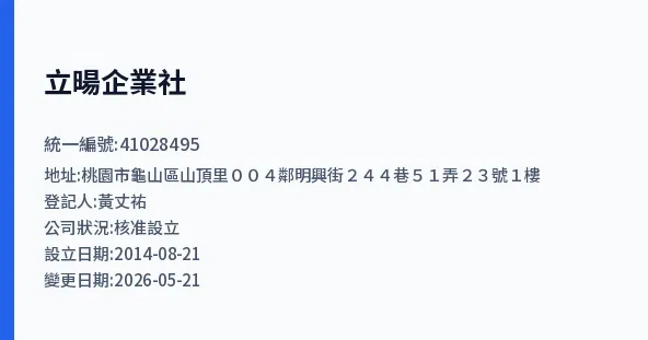 立暘企業社的照片-統編 41028495(桃園市) 公司登記資料與營業項目詳細圖表