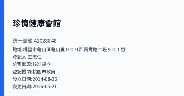 珍情健康會館的照片-統編 41028848(桃園市) 公司登記資料與營業項目詳細圖表