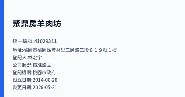 聚鼎房羊肉坊的照片-統編 41029311(桃園市) 公司登記資料與營業項目詳細圖表
