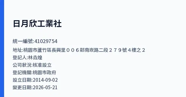 日月欣工業社的照片-統編 41029754(桃園市) 公司登記資料與營業項目詳細圖表