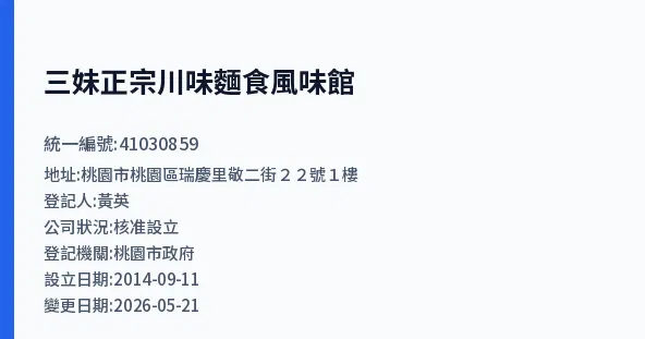 三妹正宗川味麵食風味館的照片-統編 41030859(桃園市) 公司登記資料與營業項目詳細圖表
