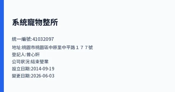 系統寵物整所的照片-統編 41032097(桃園市) 公司登記資料與營業項目詳細圖表