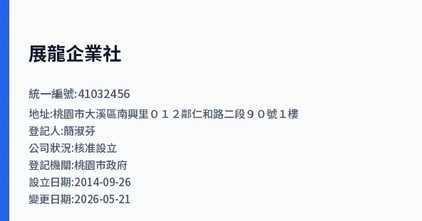 展龍企業社的照片-統編 41032456(桃園市) 公司登記資料與營業項目詳細圖表