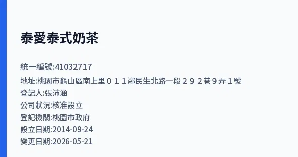 泰愛泰式奶茶的照片-統編 41032717(桃園市) 公司登記資料與營業項目詳細圖表