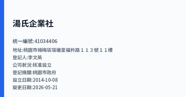 湯氏企業社的照片-統編 41034406(桃園市) 公司登記資料與營業項目詳細圖表
