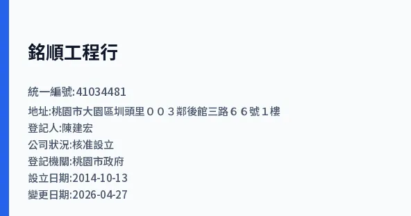 銘順工程行的照片-統編 41034481(桃園市) 公司登記資料與營業項目詳細圖表
