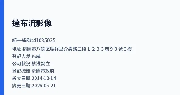 達布流影像的照片-統編 41035025(桃園市) 公司登記資料與營業項目詳細圖表