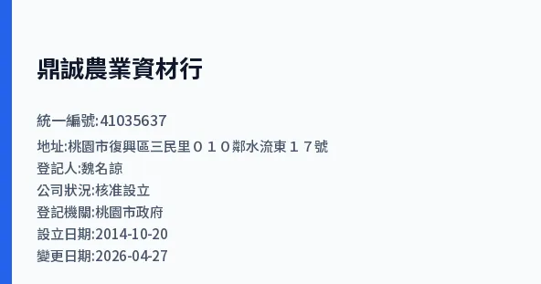 鼎誠農業資材行的照片-統編 41035637(桃園市) 公司登記資料與營業項目詳細圖表