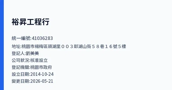 裕昇工程行的照片-統編 41036283(桃園市) 公司登記資料與營業項目詳細圖表